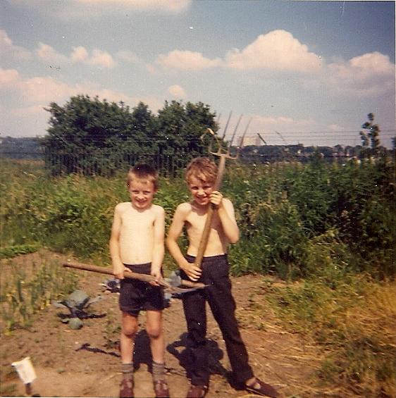 Paul Parkes and Harry Davies on the Kersal Allotments in the late 1960s.